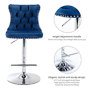 ODUSE-DAILY Velvet Swivel Bar Stools Set of 2, 25-33 Inch Height Adjustable, Counter Height Bar Stools with Back, Bar Chairs for Counter Height Bar Height Kitchen Island (Chrome, 2 Blue)