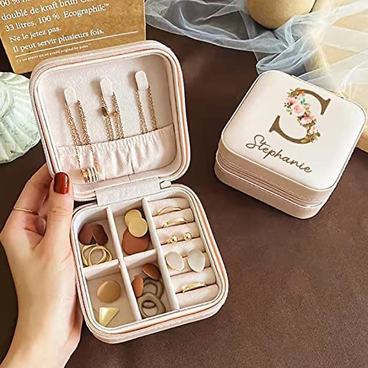 Personalized Jewelry Box - Custom Gifts for Women, Portable Small Travel Jewelry Organizer with Birth Flower & Name, Bridesmaid Gifts, Wedding Gifts, Gifts for Birthday Anniversary for Mom Wife Girls