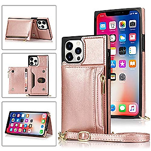 LUVI Compatible with iPhone 12 Pro Max Wallet Case with Crossbody Neck Strap Lanyard Purse Handbag Shoulder Strap Cover with PU Leather Credit ID Card Holder Kickstand Stand Protection Case Rose Gold