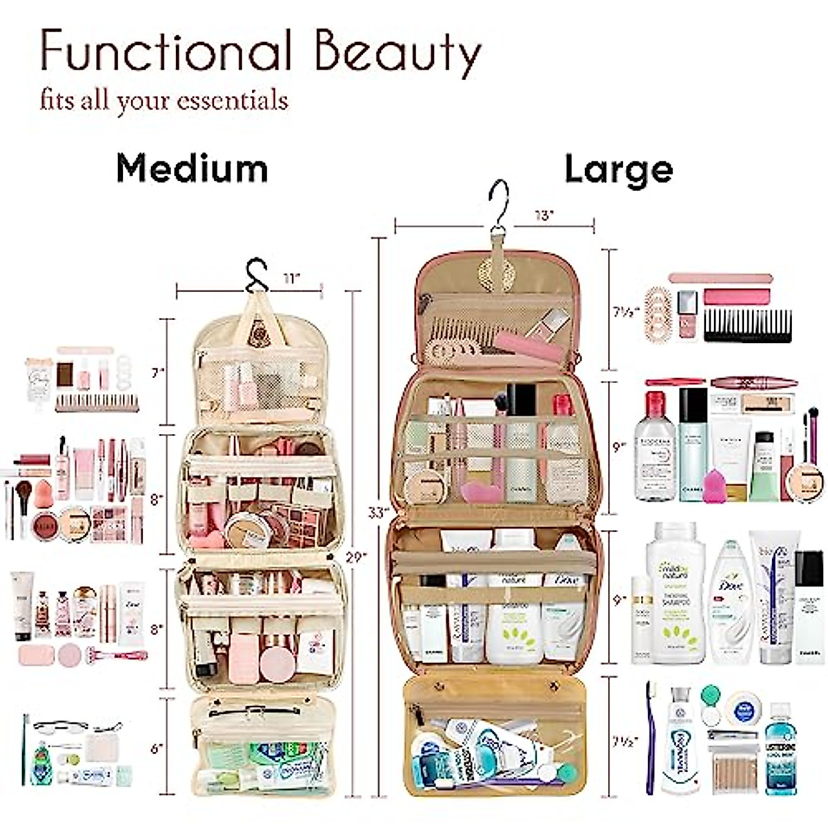 Chandelli Travel Toiletry Bag for Women with 4 Inner Pockets, Gold Accents & Hook, Waterproof, Black, Medium