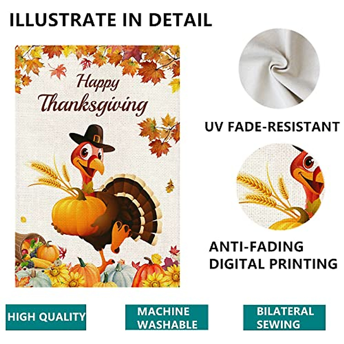 Happy Thanksgiving Garden Flags, Thanksgiving Yard Flag, Pumpkins Maple leaves Fall Flag Harvest Turkey Flags Double Sided Burlap House Decorations for Home 12 x 18 Inch