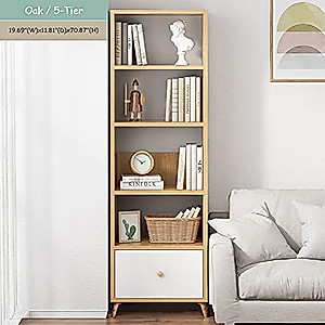 IOTXY 5-Tier Open Shelves Bookcase - 71" Height Modern Free Standing Cubes Wooden Tall Bookshelf with Storage Drawer and Legs, Oak