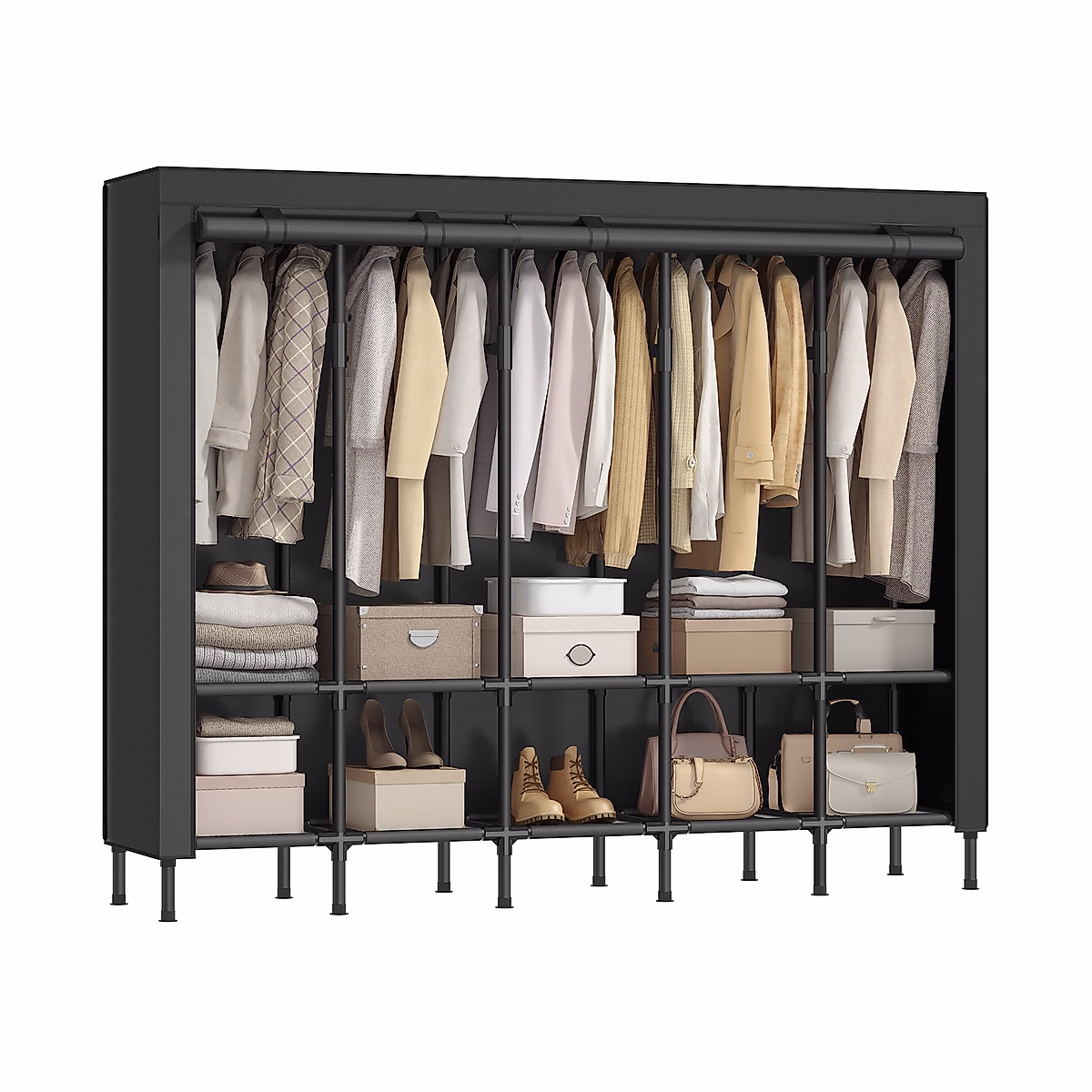 SONGMICS Wardrobe Closet, 83.5 Inch Large Capacity Portable Closet, Clothing Rack, 25 mm Dia,Thick Steel Tubes, Clothes Organizer with Fabric Cover, 5 Hanging Rails, 10 Shelves, Ink Black URDR095B01