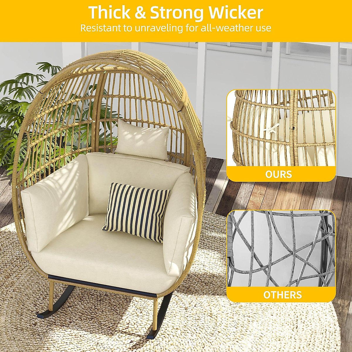 DWVO Outdoor Rocking Egg Chair, Patio Rocking Chair Oversized, 370lb Capacity, Anti-Slip, All-Weather Wicker Egg Lounger Chair for Indoor, Outside (Beige)