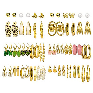 32 Pairs Gold Hoop Earrings Set for Women, Fashion Chain Link Hoop Stud Drop Dangle Earrings Boho Statement Hypoallergenic Earrings for Christmas Jewelry Gift