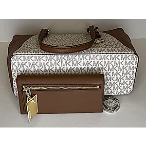 Michael Kors Charlotte Large Zip Tote bundled with matching Trifold Wallet and Purse Hook (Vanilla MK/Luggage)