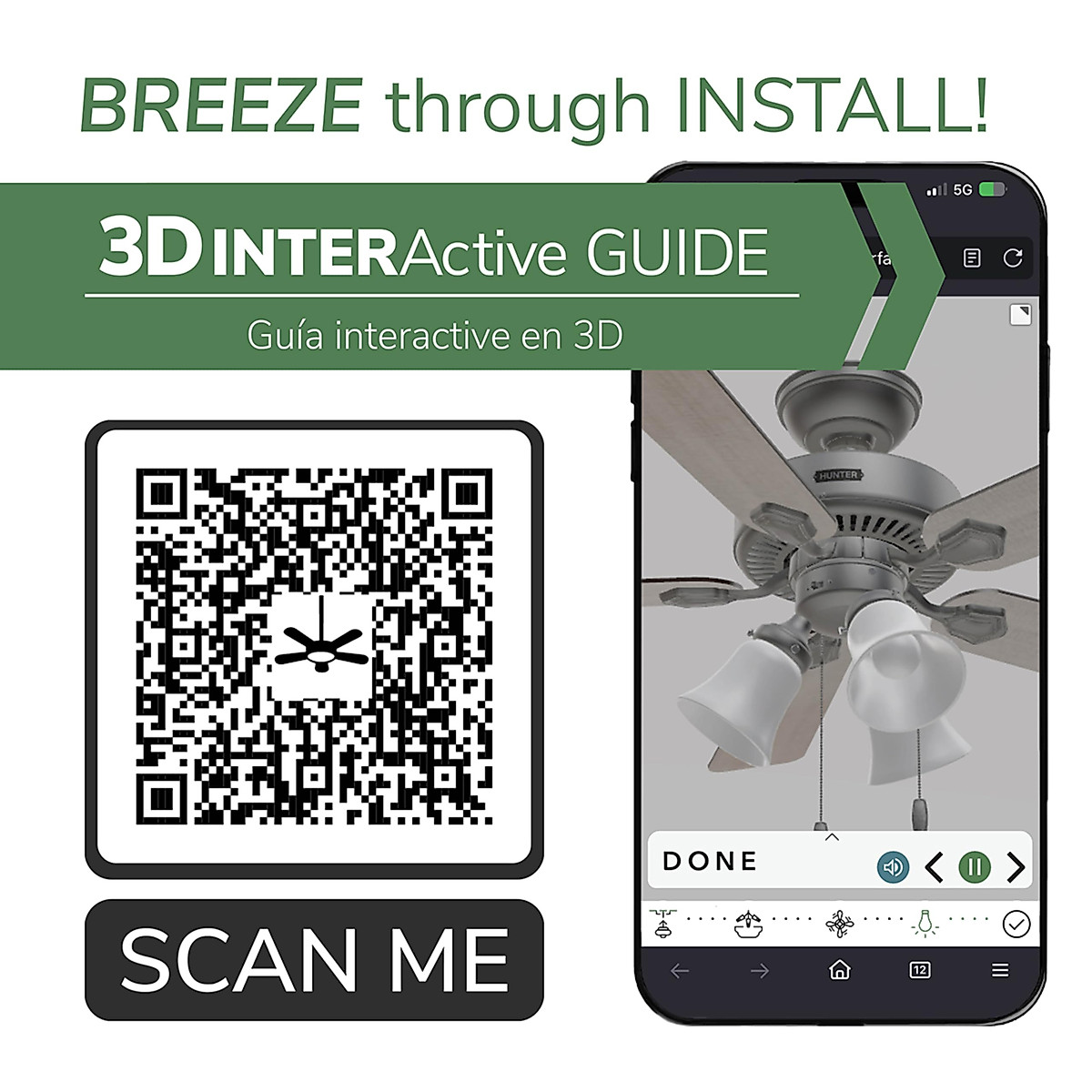 Hunter Swanson Indoor Ceiling Fan with LED Lights and Pull Chain Control, 44", Fresh White