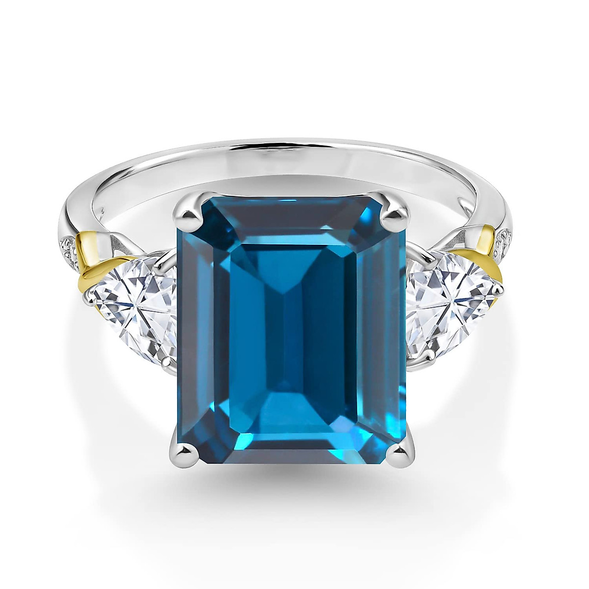 925 Silver and 10K Yellow Gold London Blue Topaz Moissanite and Diamond 3 Stone Ring For Women (8.46 Cttw, Gemstone November Birthstone, Emerald Cut 12X10MM, Available In Size 5, 6, 7, 8, 9)
