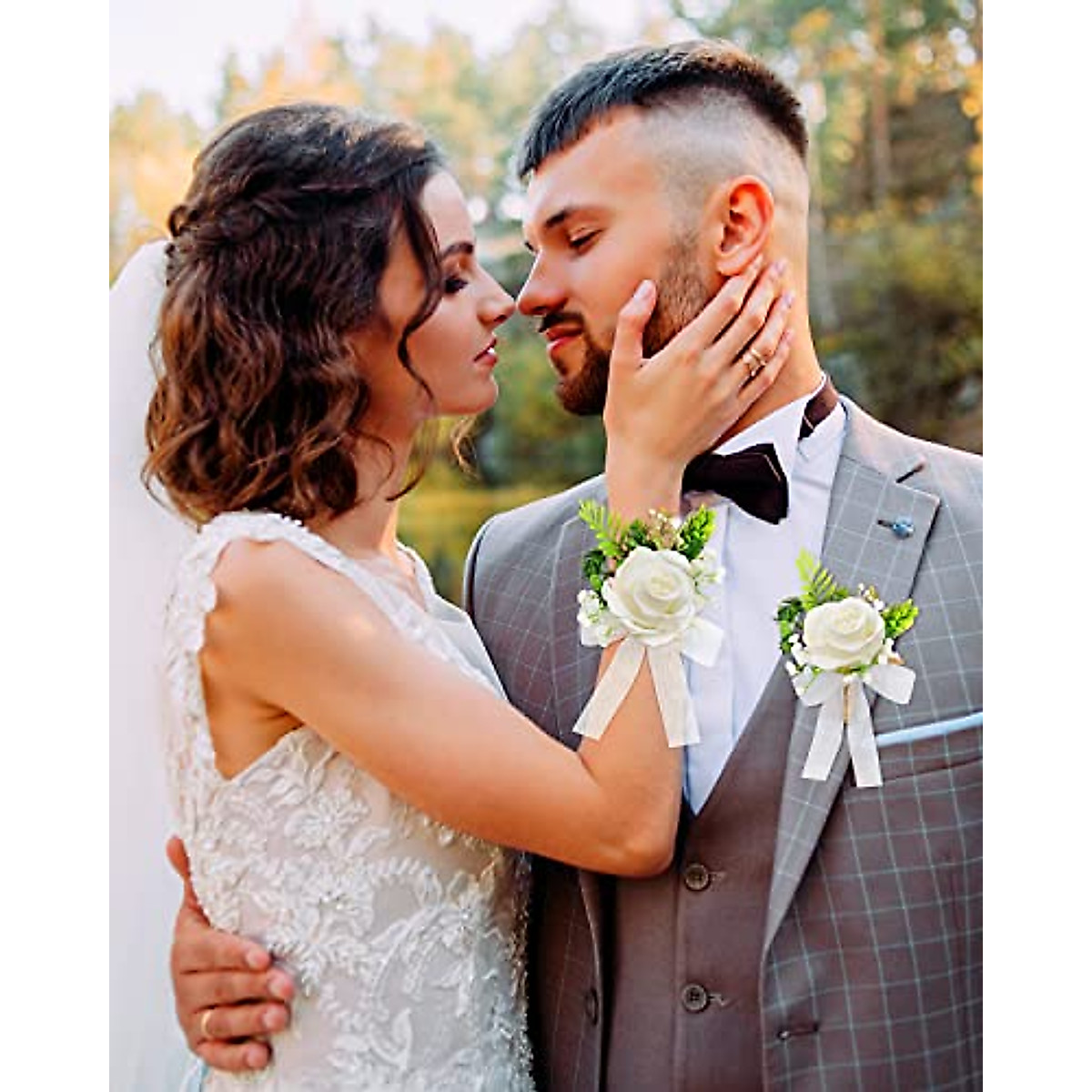 Ivory Rose Wrist Corsage Wristlet Band Bracelet and Boutonniere Set for Men Women Bride Bridesmaid Wedding Prom Flowers Accessories (6 Boutonnieres)