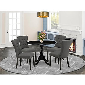 East West Furniture DMGA5-ABK-50 5 Piece Dining Room Table Set Includes a Round Dining Table with Dropleaf and 4 Dark Gotham Linen Fabric Upholstered Parson Chairs, 42x42 Inch, Wirebrushed Black