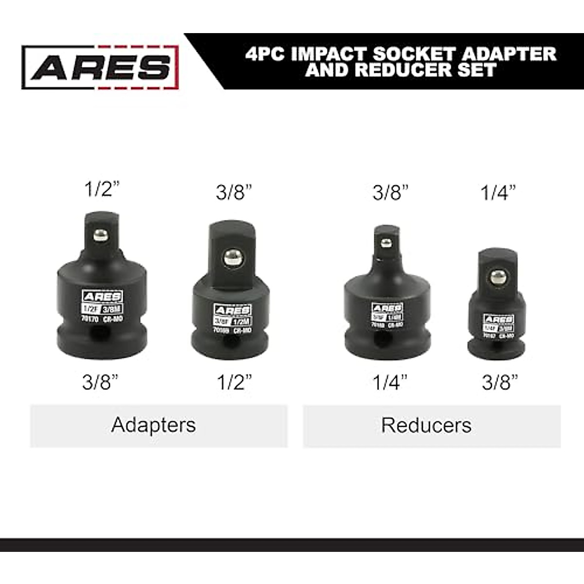 ARES 27070-4-Piece Impact Socket Adapter and Reducer Set - 1/4-Inch, 3/8-Inch & 1/2-Inch Impact Rated Step-Up and Step-Down Adapters with Included Storage Case