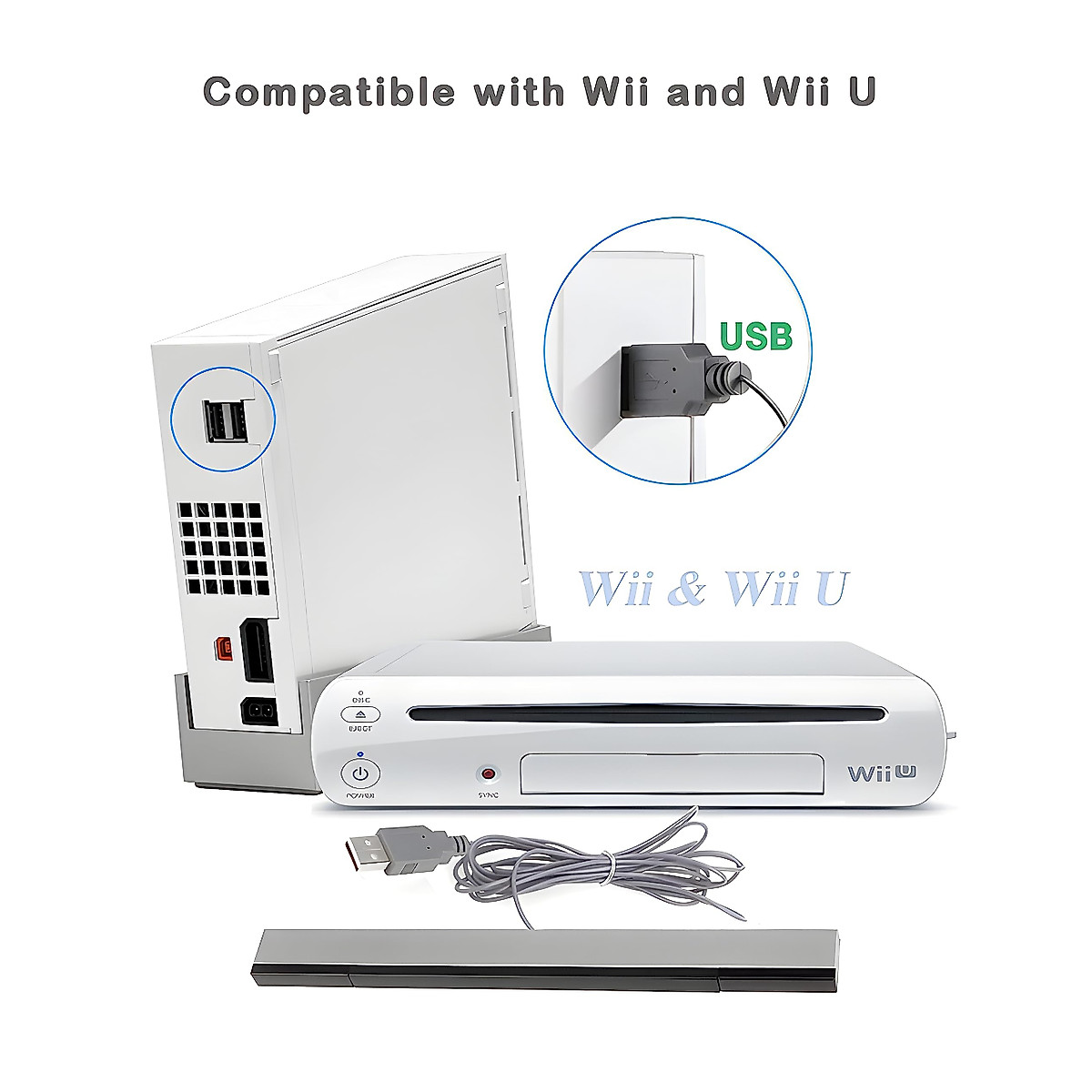 USB Wired Wii Sensor Bar, Replacement Infrared Ray Motion Sensor Bar for Nintendo Wii/ Wii U/ PC -Black & Silver