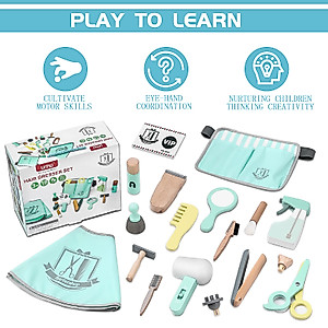 Kids Hair Salon Playset, Wooden Makeup Toy Set, Hair Styling Toys for Girls, Kids Shaving Kit for Boys, Kids Barber Playset, Gifts for 3 4 5 Year Old Girls Boys (18 PCS)