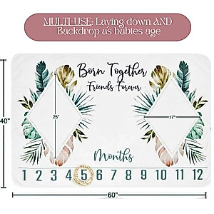 NovaaLife Twins Monthly Milestone Blanket with Boho Beads Frame & Proud Mom's Sticker - Unisex Twins Babies Essentials - 40 x 60 Large Flannel Blanket, Photography Backdrop Photo Prop for Boy & Girl