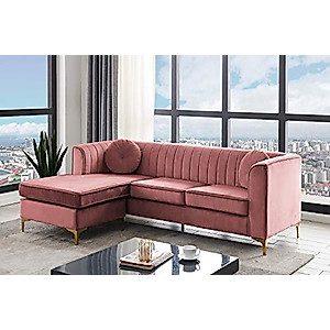 Iconic Home Brasilia Modular Chaise Sectional Sofa Velvet Upholstered Vertical Channel Quilted Seat Back Solid Gold Tone Metal Y-Legs with 2 Throw Pillows Modern Contemporary, Blush