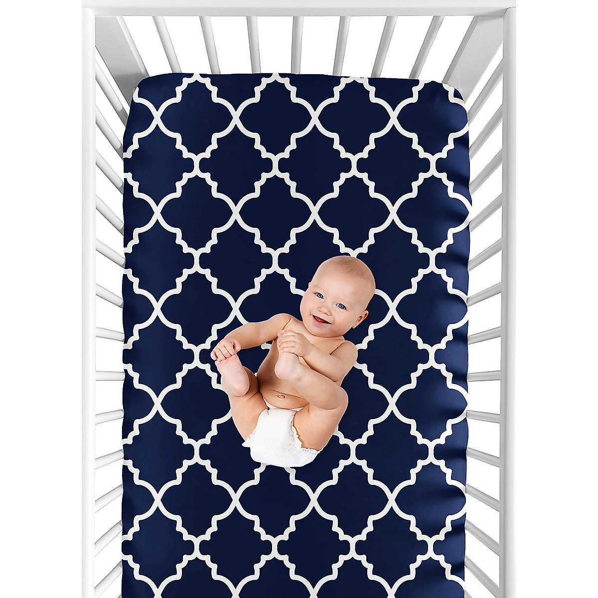 Navy Blue and White Modern Baby or Toddler Fitted Crib Sheet for Trellis Lattice Collection by Sweet JoJo Designs