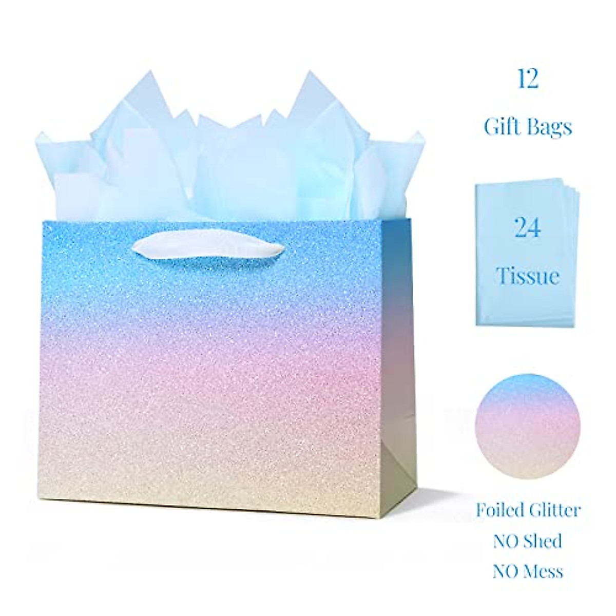 PAPER FAIR 12Pcs Ombre Blue Cream Gift Bags Bulk w/ 24 Tissue Paper, 9 x 7 In, Gradient Pastel Glitter Paper Gift Wrap Bag, Recyclable Gift Packaging for Christmas Birthday Father's Day Baby Shower Party Favor Décor