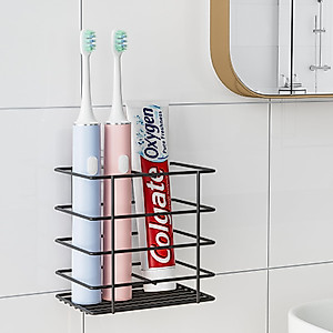 Oasiteege Adhesive Toothbrush Holder Wall Mounted, Suction Cup Toothpaste Organizer for Shower, Hanging Razor Tooth Brush Holder Storage Caddy with Drainage, Black Bathroom Accessories and Decor