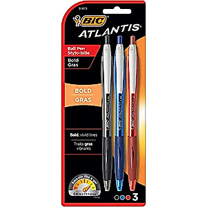 BIC Atlantis Bold Retractable Ballpoint Pen, Bold Point (1.6mm), Assorted Colors, Comfortable Rubber Grip, 3-Count