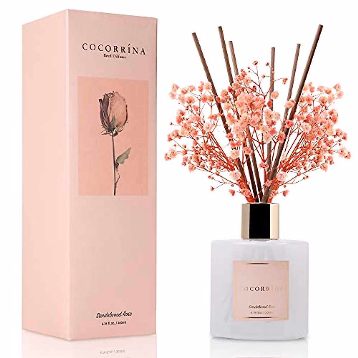 Cocorrína Premium Reed Diffuser Set with Preserved Baby's Breath & Cotton Stick Sandalwood Rose | 6.7oz Scent Fragrance Oil Diffuser for Bedroom Bathroom Living Room Home Décor