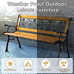 Tangkula Outdoor Garden Bench Park Bench, Patio Iron Bench Chair with Cast Iron & Hardwood Structure, Weather Proof Porch Loveseat, Perfect for Backyard, Deck, Lawn, Poolside