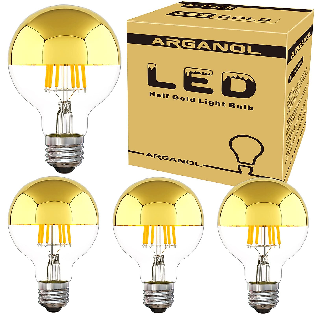 ARGANOL Half Gold Light Bulb 6W (60 Watt Equivalent), Dimmable Gold Tipped Light Bulb, G25/ G80 Globe Shape 2700K Warm White Decorative LED Edison Bulb, E26 Base Pack of 4