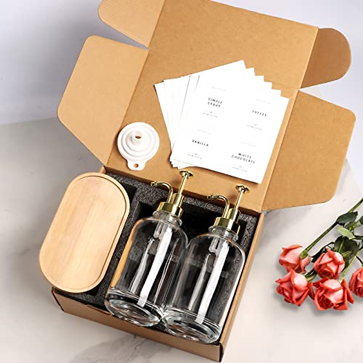 Coffee Syrup Dispenser Set w Bamboo Tray, Glass Syrup Bottles w Pump and 24 Labels, Coffee Bar Accessories, Syrup Dispenser for Coffee Bar, 2 Pack 16.9 Oz, Gold