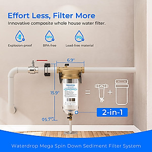 Waterdrop Mega Spin Down Sediment Filter, Reusable Whole House Water Filter System, Backwash Sediment Water Filter Double System 100 Micron+5 Micron PP Filter, BPA Free, 1" MNPT + 3/4" FNPT