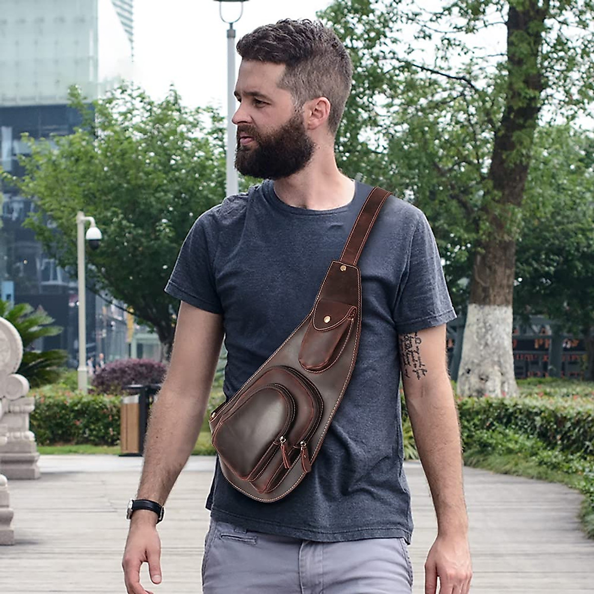 Leathario Men Leather Chest Bag Sling Bag Shoulder Bag Leather Crossbody Bag for Men (Brown-217-L)