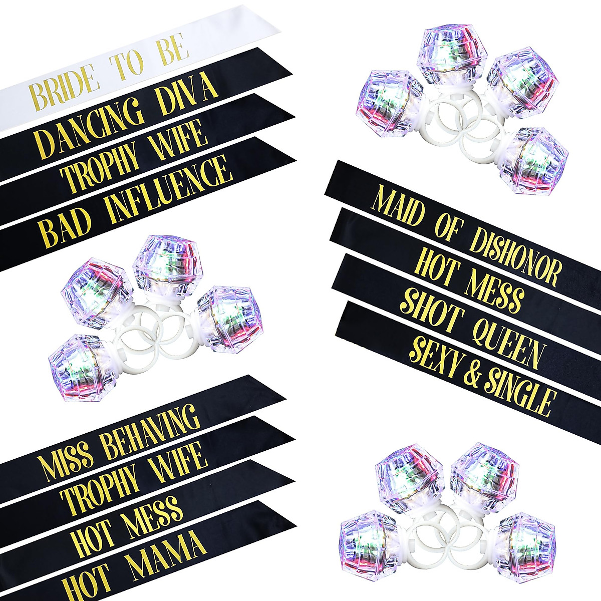 KatchOn, Bachelorette Sashes and LED Rings - Pack of 24, Bachelorette Party Accessories | Bride and Bridesmaid Sash for Bridal Shower Decorations | Disco Ball Light Up Rings Bachelorette Party