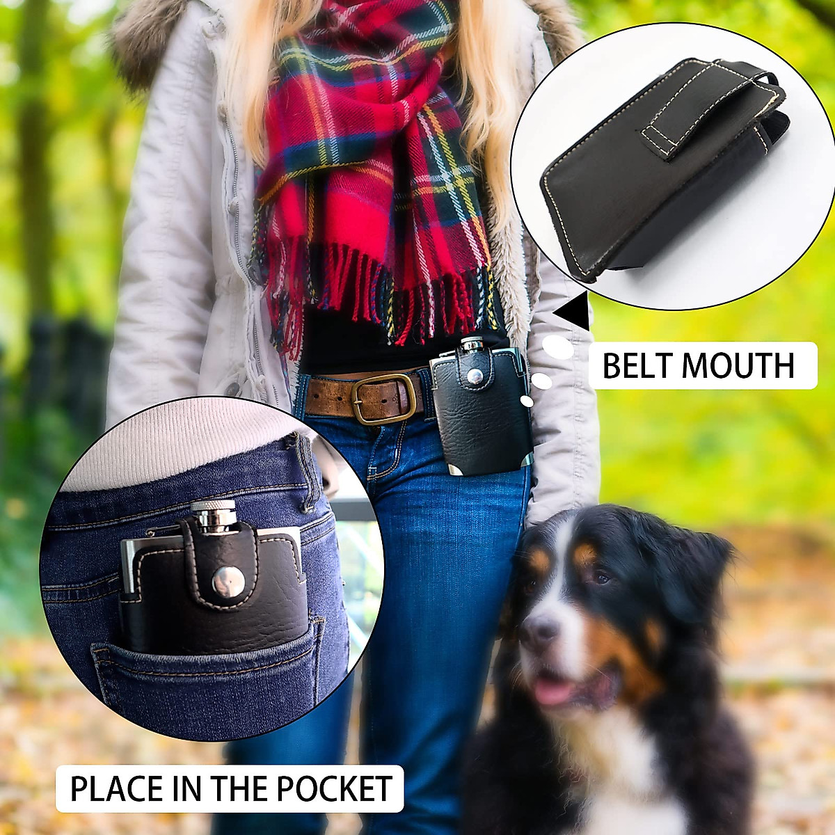 LELE LIFE 8oz/230ml Hip Flask with Belt Leather Case, Easy To Carry, 18/8 304 Stainless Steel Hip Flask for Liquor, Leak Proof Drinking Flask with Small Funnel