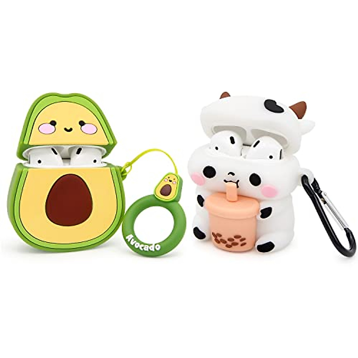 Mouzor 2 Pack Cute Avocado Airpods Case, Boba Tea Cow Airpods 2 Case, Funny 3D Cartoon Soft Silicone Full Protection Charging Cases Cover with Carabiner for Airpods 1st Generation, 2nd Generation