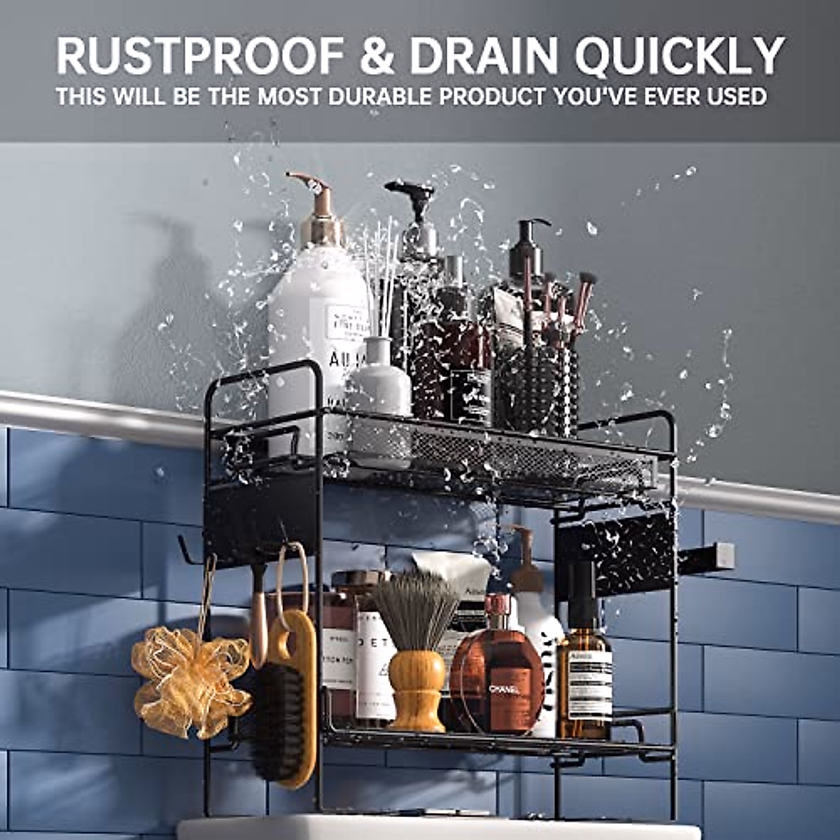 Bathroom Over The Toilet Storage Shelf with Magnetic Hook Set and Toilet Paper Holder, 2-Tier Black Mesh Bracket Shelves, Compact Design