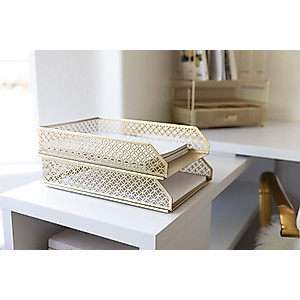 Blu Monaco Gold Desk Organizer Stackable Paper Tray Set of 2 - Metal Two Tier Tray - Stackable Letter Tray - Inbox Tray for Desk