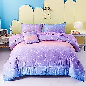 URBONUR Twin Comforter Set for Girls 6Pcs Gradient Purple Orange Blue Moon Star Printed Bed in a Bag Soft Breathable Bedding Set for All Season (Star, Twin Size)