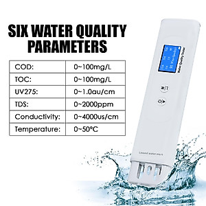Water Quality Tester for Drinking Water, Portable 6-in-1 TDS Meter TOC, COD, EC, UV275, Temp&TDS, Digital Drinking Water Quality Tester for Home, RV, Hiking, Camping, Travel, Well, Tap, Water Purifier