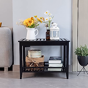 Zoopolyn Bamboo Shower Bench Stool with Storage Shelf Shower Bath Seat for Shaving Legs Waterproof in Bathroom & Inside Shower Black