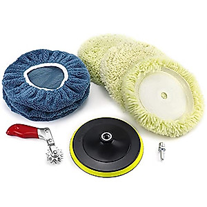 POLIWELL Wool Buffing Pads 7 Inch Set 100% Wool Buffing Pad Hook and Loop 3Pack, 5/8-11T Shark Backing Pad Kit, Cleaning Spur Tool + 7” Waxing Bonnet Pads 3pcs for Compound Cutting & Polishing, 9Pack