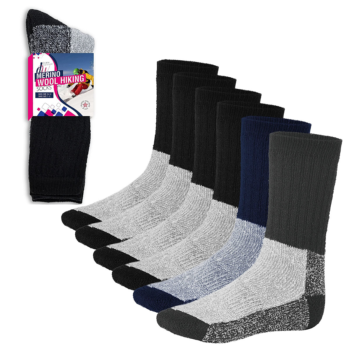 Debra Weitzner 6 Pairs Merino Wool Thermal Socks Men and Women Warm Cushioned Hiking Crew Socks for Hunting Winter Etc Long Survival Boot Socks Moisture Wicking Size 13-15