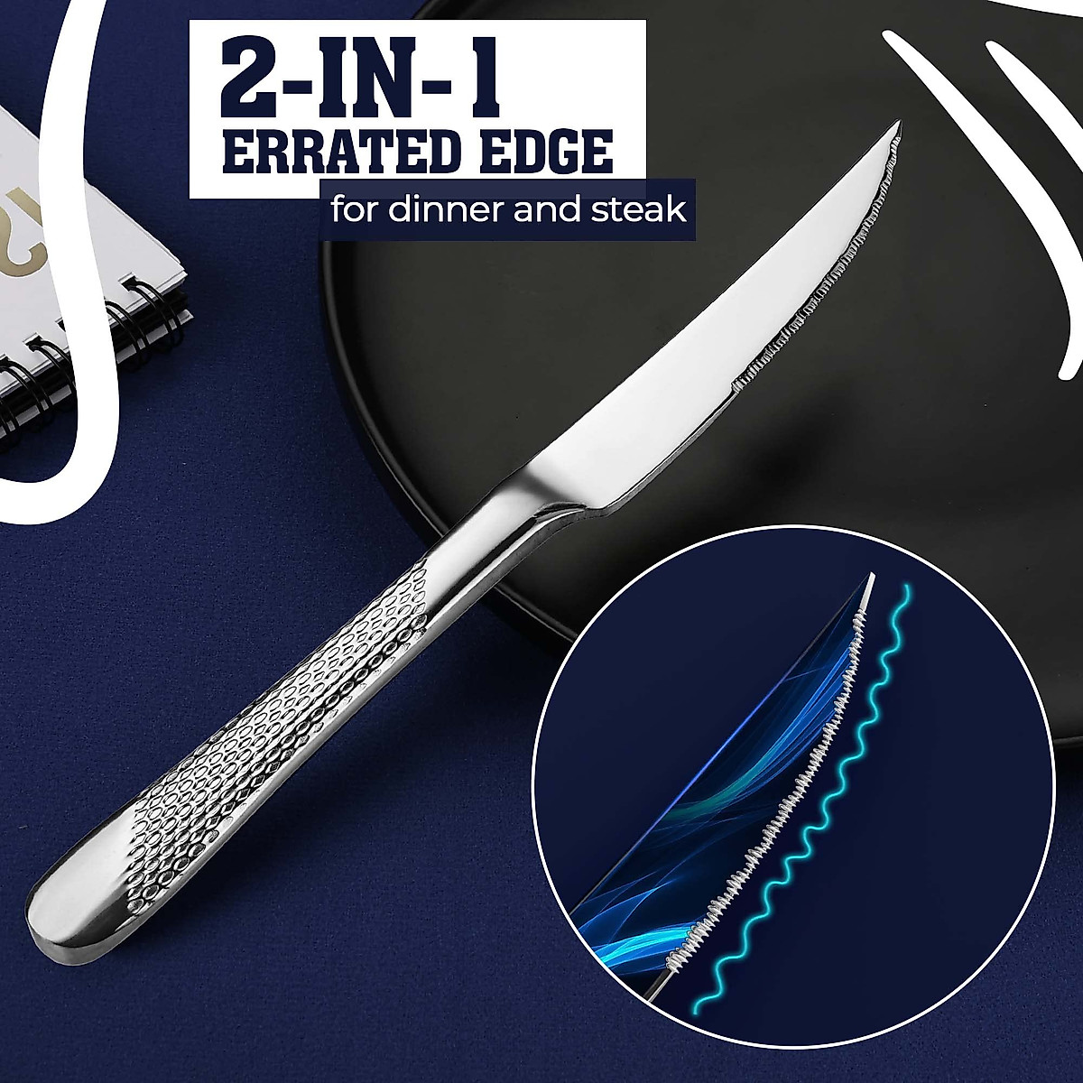 Hammered Silverware Set, 40-Piece Stainless Steel Flatware Set for 8, Modern Kitchen Utensils Tableware Set Includes Dinner Knives/Forks/Spoons,Mirror Polished Dishwasher Safe