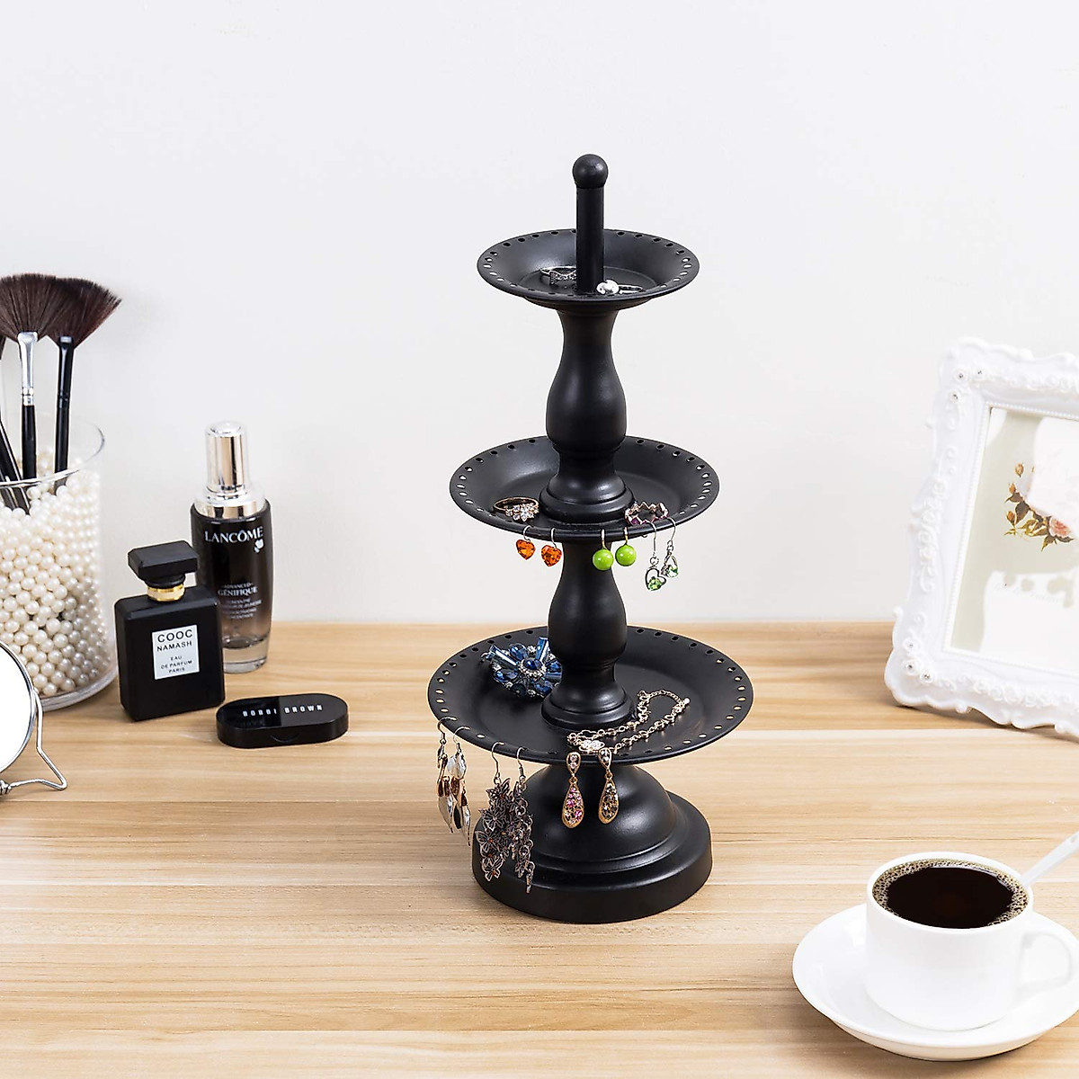 MyGift 3-Tier Black Metal Fountain Earring Holder Organizer and Ring Dish Jewelry Stand