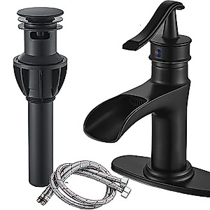 NeierThodore Waterfall Brass Bathroom Faucet Single-Handle One Hole Vanity Sink Faucet Vessel Faucet Basin Mixer Tap with Deck Plate,Matte Black