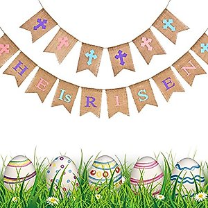 2 Sets Easter Burlap Banner HE is Risen Hanging Garland Printed Easter Bunting for Easter Day Decorations
