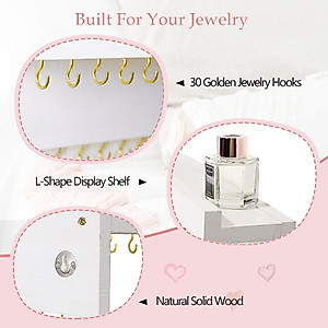 CCINPPY Necklace Holder Wall, Jewelry Holder Organizer Wall with 30 Jewelry Hooks and Shelf, Wooden Hanging Necklace Hanger Organizer Wall Mount for Necklaces Bracelets, and Chains White