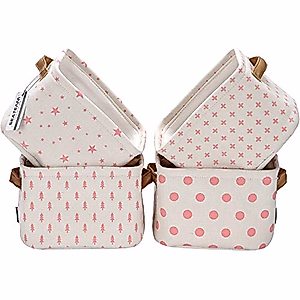 Sea Team Collapsible Small Canvas Fabric Storage Basket with Handles, Square Mini Storage Box, Cube, Foldable Shelf Basket, Closet, Desk Organizer for Nursery, Home, Office (Pink, Set of 4)