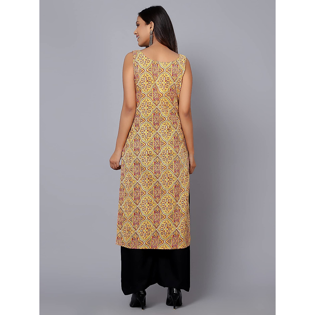 Bani Women Printed Sleeveless Kurta with Adjustable Shoulder Strap Ethnic Indian Ready to Wear Kurti for Girls Yellow
