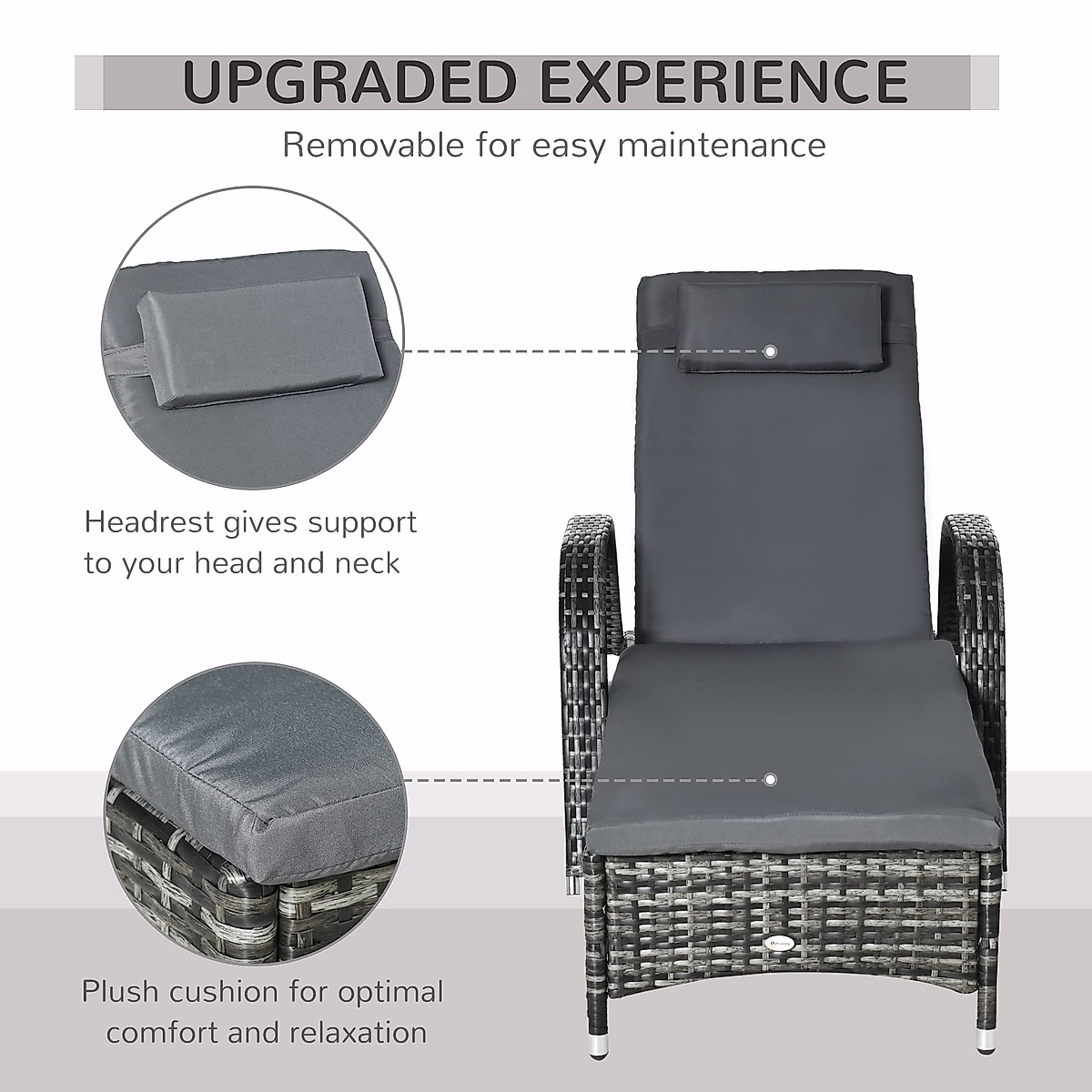 Outsunny Wicker Outdoor Chaise Lounge, 5-Level Adjustable Backrest PE Rattan Pool Lounge Chair with Wheels, Cushion & Headrest, Mixed Gray and Charcoal Gray