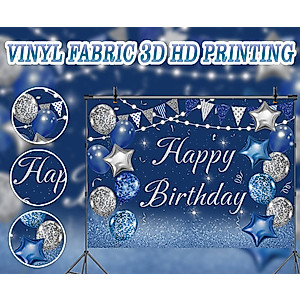 Cenven Navy Blue Happy Birthday Backdrop Silver Glitter Balloons Star Flag Sequins Background Adult Men Women Birthday Party Decoration Cake Table Photo Booth (7x5FT, Blue)