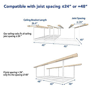 FLEXIMOUNTS 4x8 Overhead Garage Storage Rack w/Hooks Adjustable Ceiling Storage Racks, 96" Length x 48" Width x 40" Height, 22''-40" Ceiling Dropdown, White