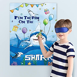 WERNNSAI Pin The Fin on The Shark Party Games - Ocean Party Supplies for Kids Boys Girls 21’’ x 28’’ Shark Game Poster with 24 Pcs Reusable Stickers for Birthday Family Classroom Activities